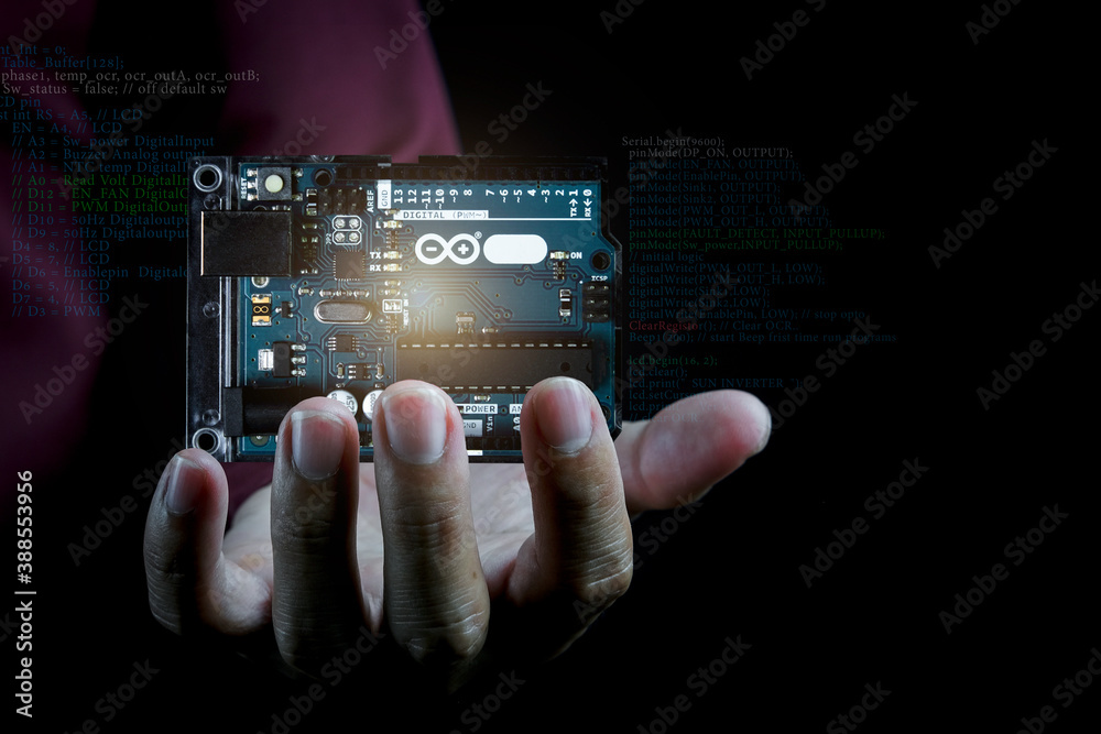 Arduino controller board element photo in dark background with infographic details. Stock Photo ...