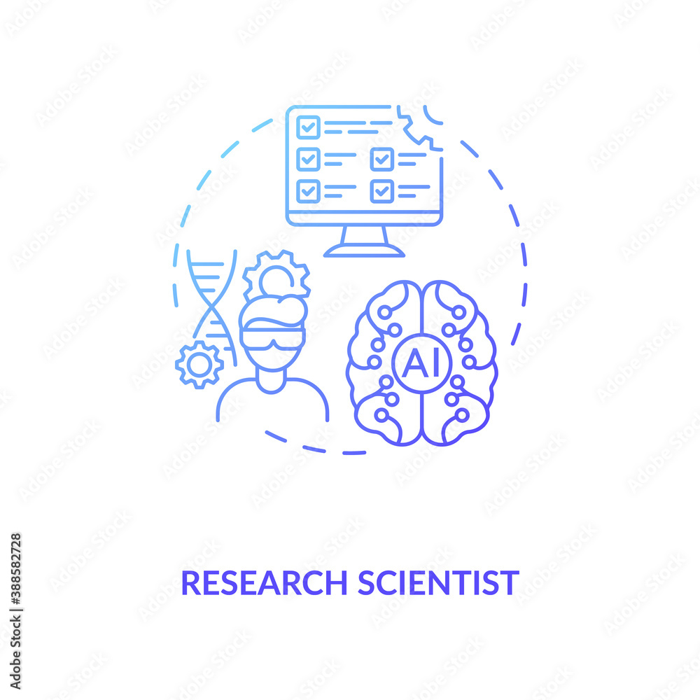 Research Scientist concept icon. Receiving lots of information blocks ...