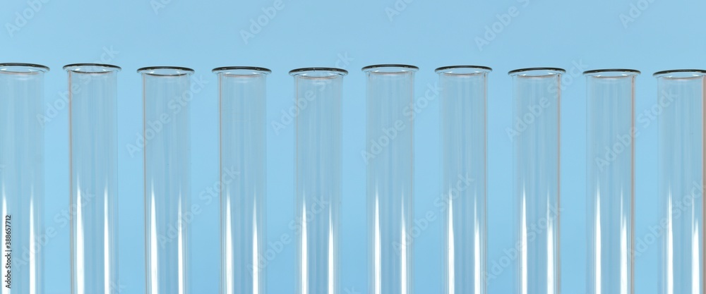 Glass test tubes with a vertical reflection on the walls, lined up in ...