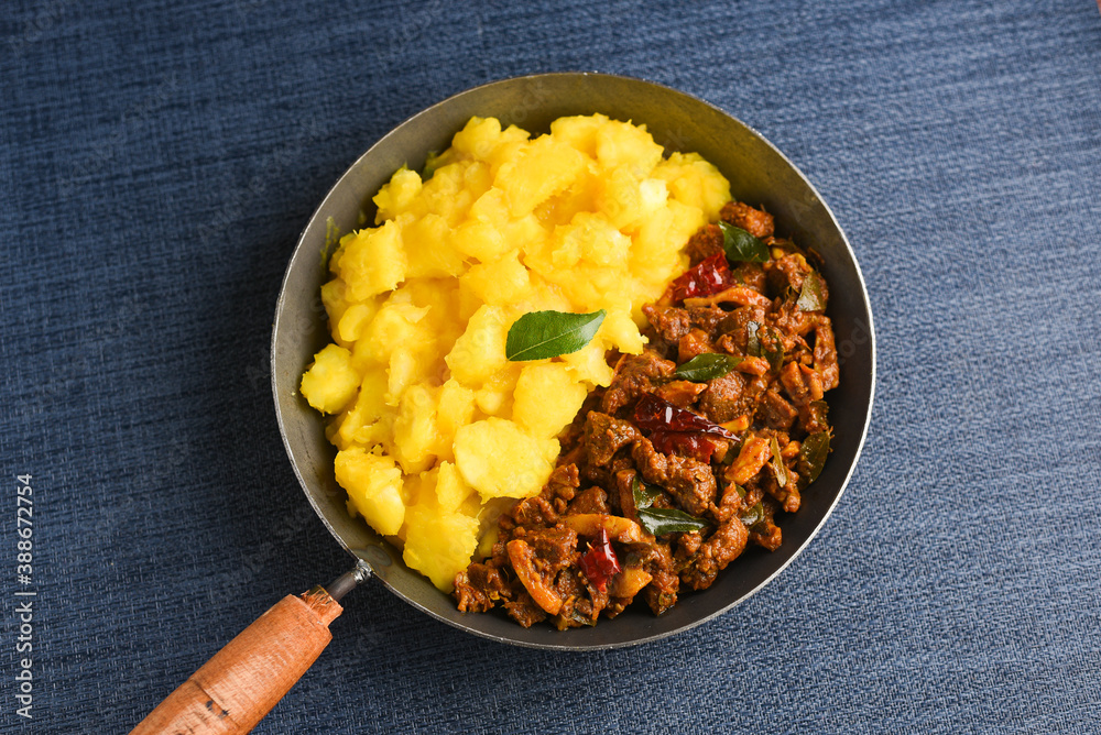 Cooked tapioca and spicy meat curry , Cassava root , Mandioca or Aipim ...