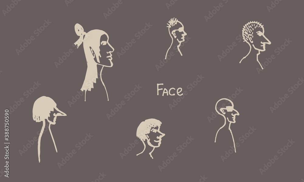Half face silhouette. Vector hand drawn ink illustration. Collection of ...