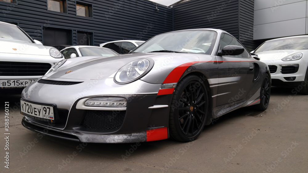 Moscow. Autumn 2018. Gray Porsche 911. Tuned by Mansory. With a wide ...
