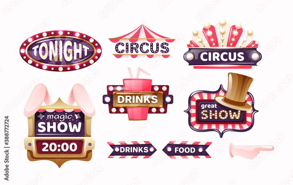 Vintage circus labels, sign boards and carnival signboards, arrows ...