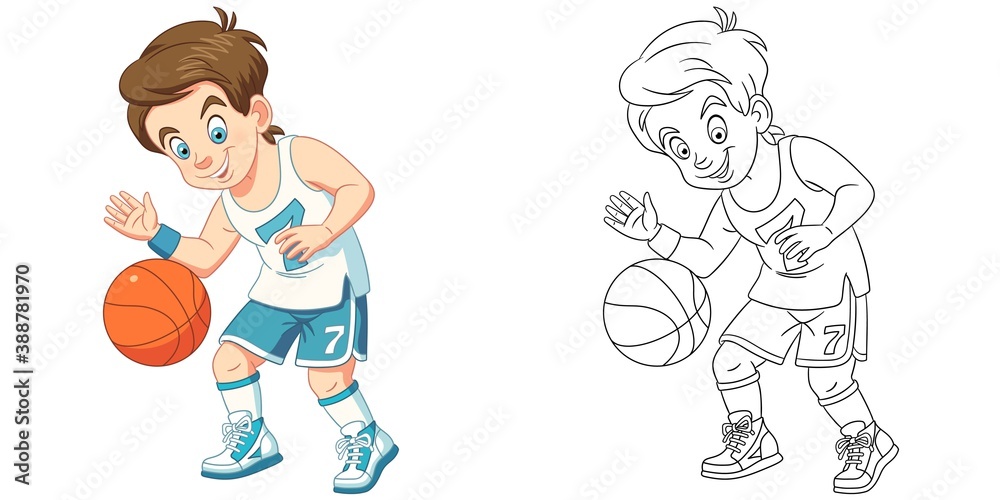 Coloring page with boy playing basketball. Line art drawing for kids ...