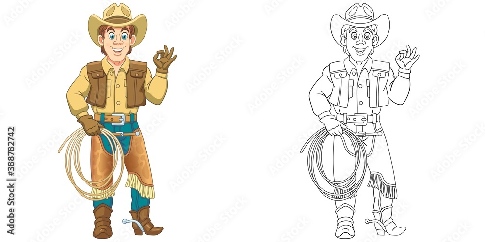 Coloring page with cowboy. Line art drawing for kids activity coloring ...