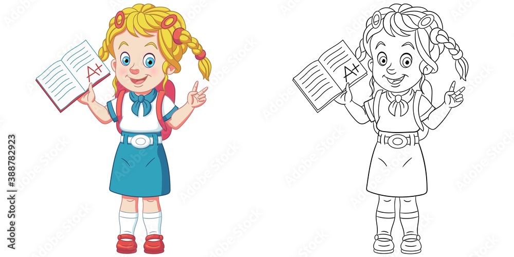 Coloring page with schoolgirl. Line art drawing for kids activity ...