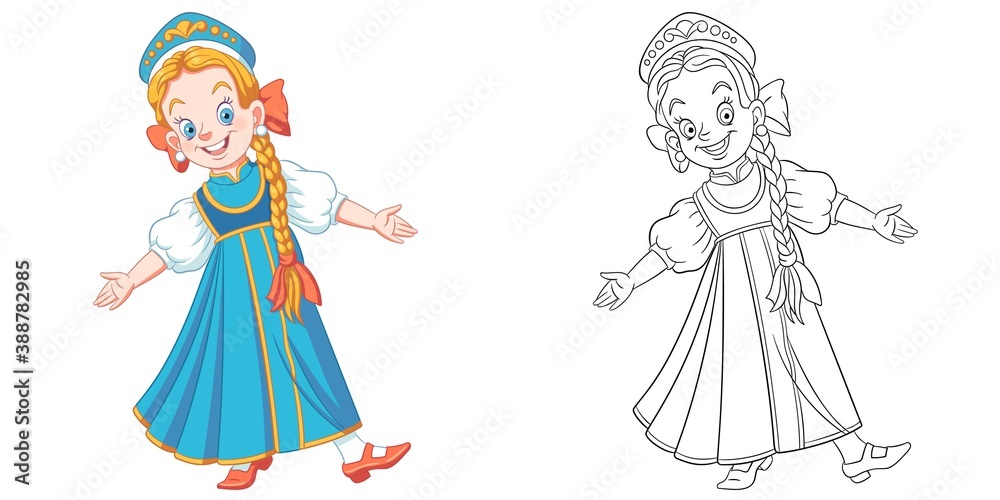 Coloring page with Russian girl dancing. Line art drawing for kids ...