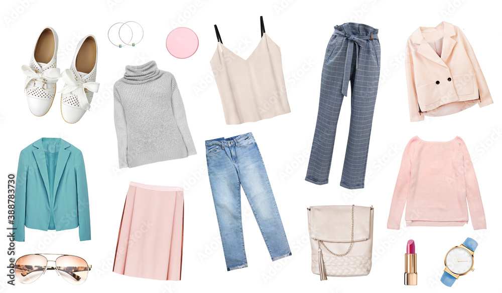 Fashion garment set,women's clothing,gir's clothes isolated on white ...