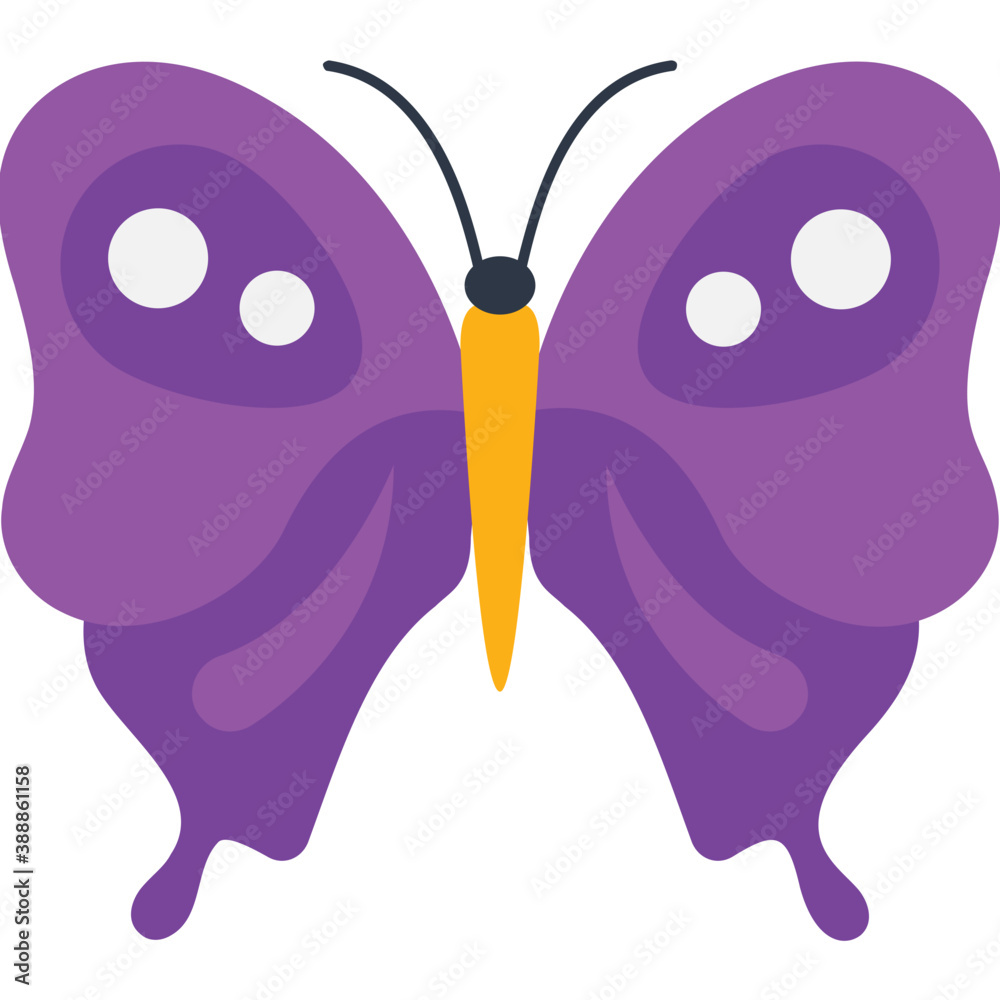 Cute insect in purple color with white dots on feather edgers, icon for ...