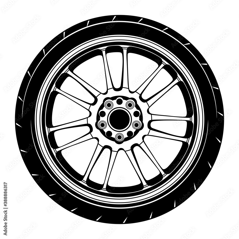 car wheel rim vector silhouette, icon, logo, monochrome, color in black ...