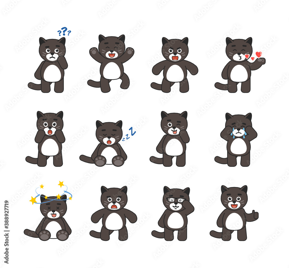 Set of chibi cat mascots showing various emotions. Cute cat thinking ...