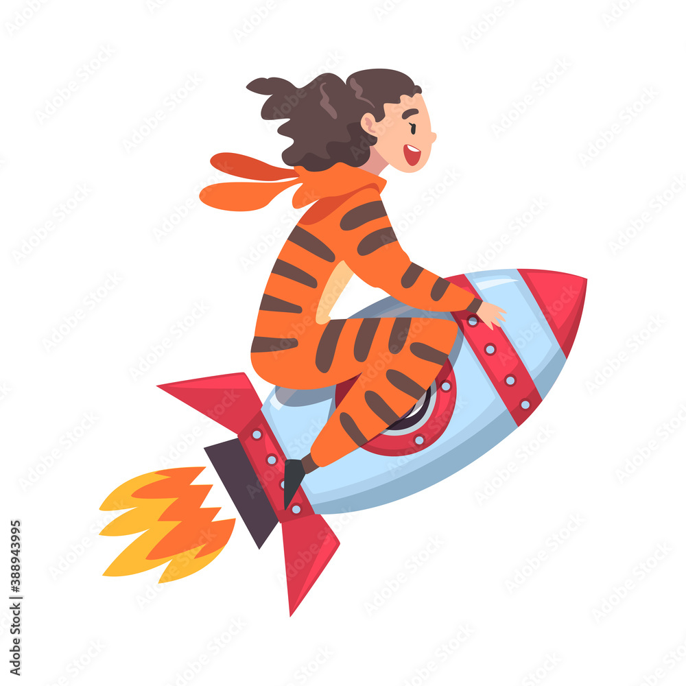 Cute Girl in Tiger Costume Flying on Space Rocket, Successful ...