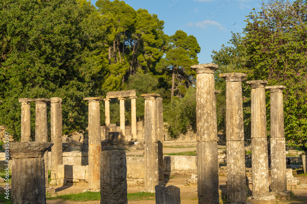 Ruins of the Palestra in the archeological site of Olympia, Greece, a ...