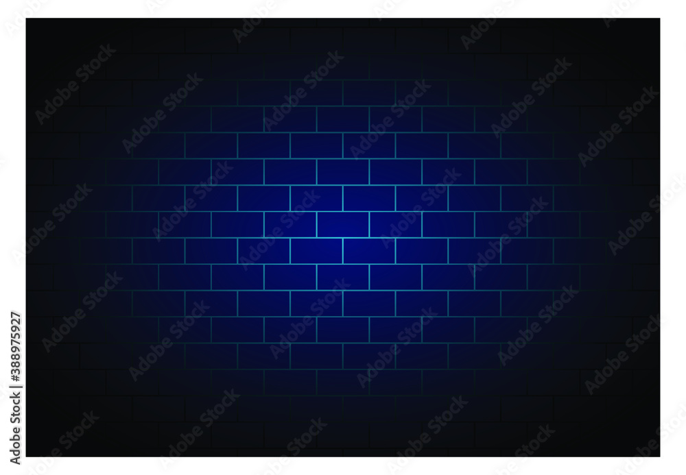 Dark blue neon brick wall frame background. Square brick with neon ...