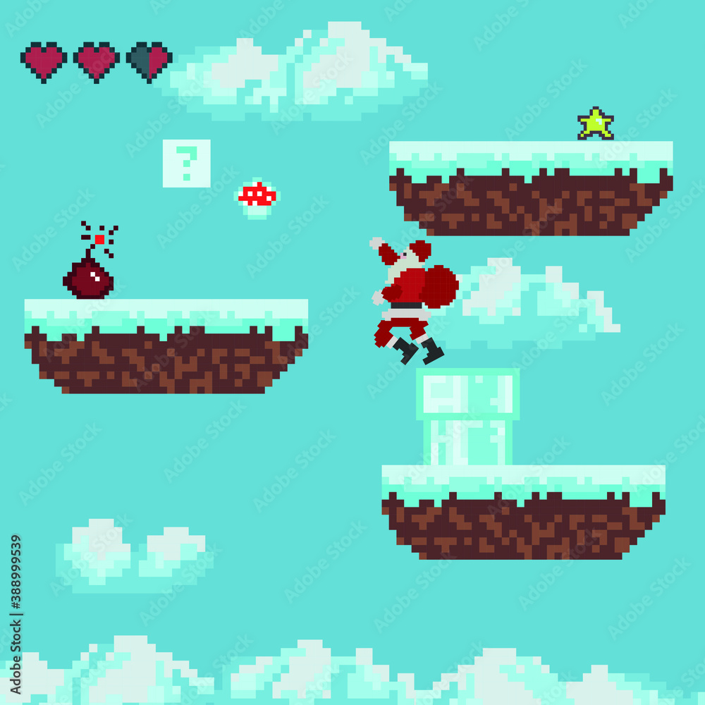 Winter pixel game. The battle of Santa Claus. Retro art games. 8-bit ...