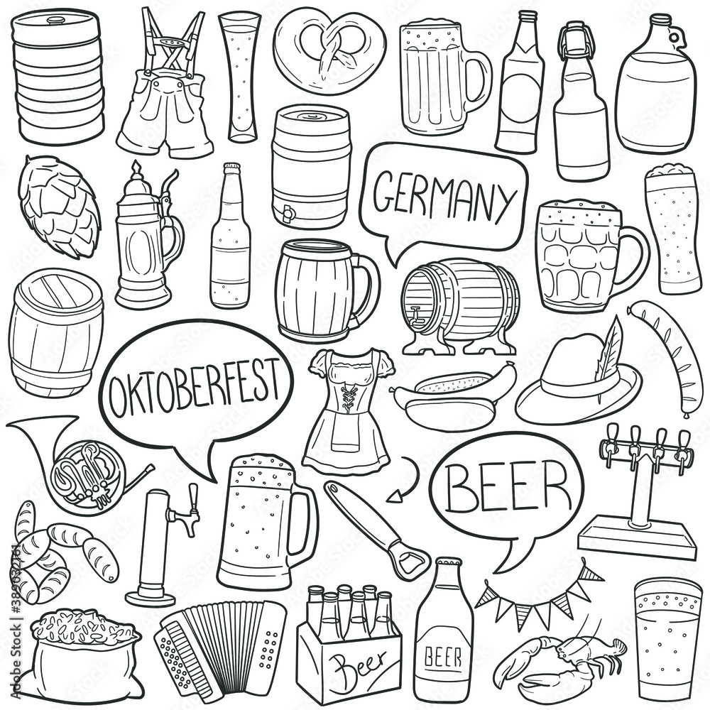 Oktoberfest Beers doodle icon set. Germany Vector illustration ...