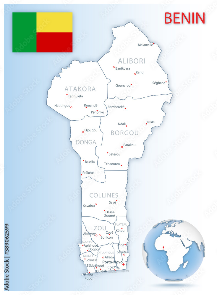 Vetor Detailed Benin administrative map with country flag and location ...