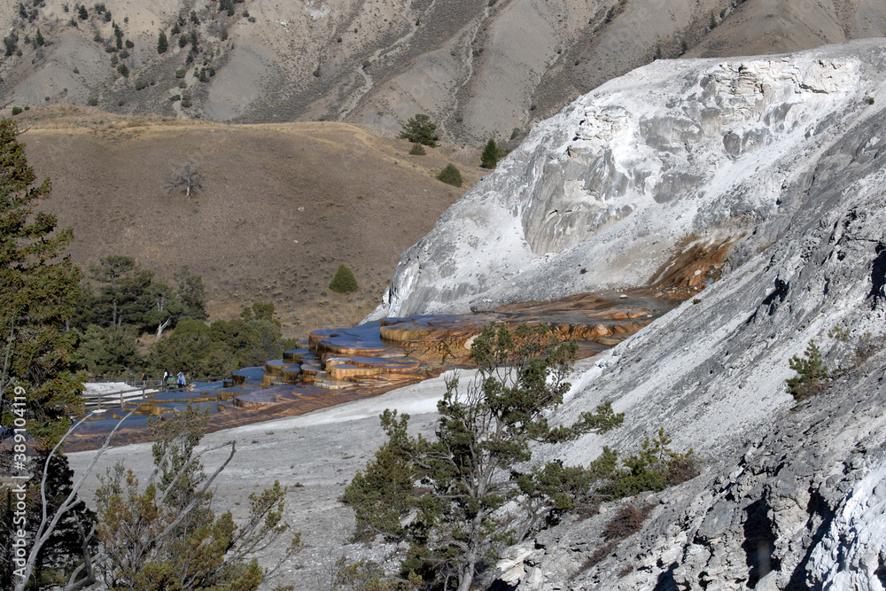 Mammoth cascade geyser mountain Yellowstone 4K. Geyser Yellowstone in ...
