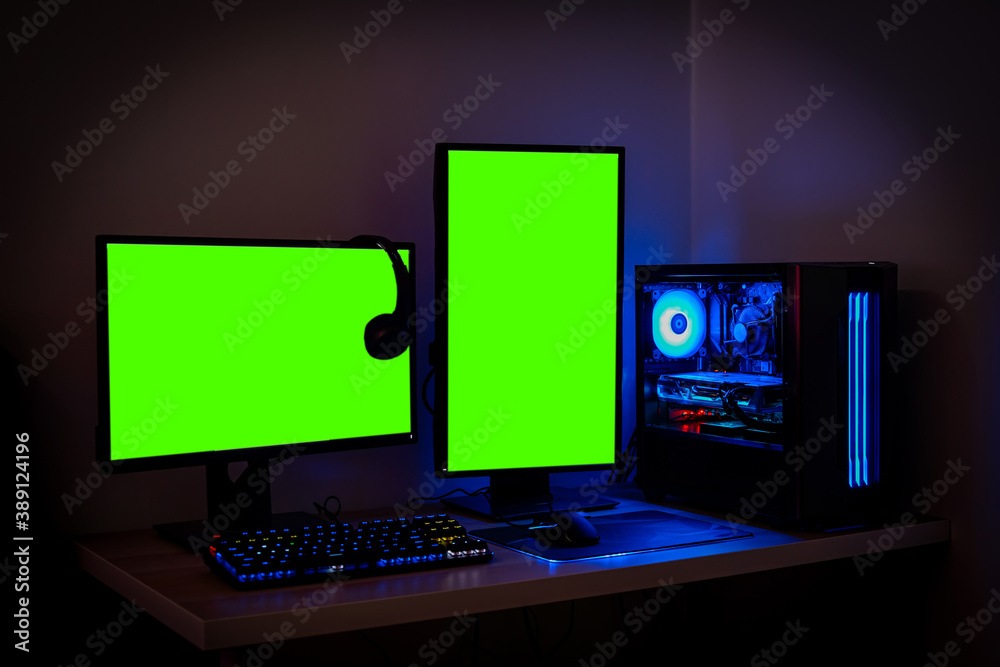 High-end PC Game Rig with dual Mock Up Green Screen or chroma key ...