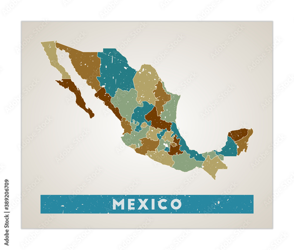 Mexico map. Country poster with regions. Old grunge texture. Shape of ...