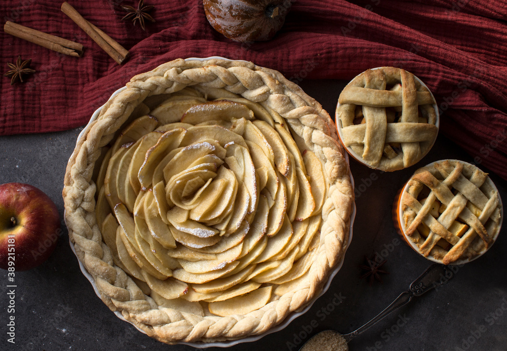 Lattice apple pie top view photo. Still life with different pastries ...