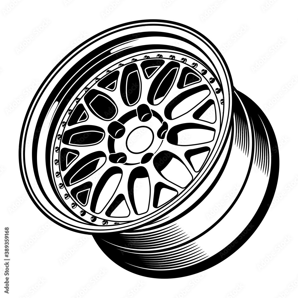 car wheel rim vector silhouette, icon, logo, monochrome, color in black ...