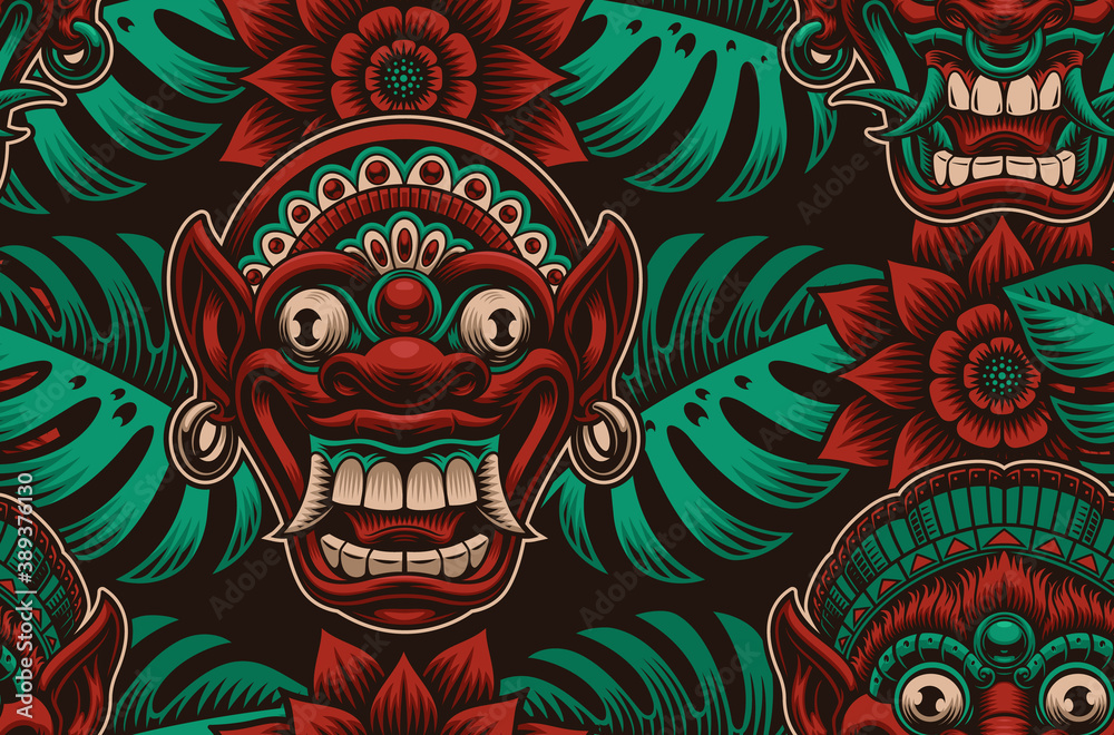 Colorful seamless background with traditional Indonesian masks and ...