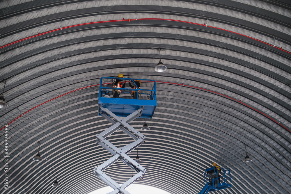 Install fire sprinkler system. In the industrial plant, pipe assembly ...