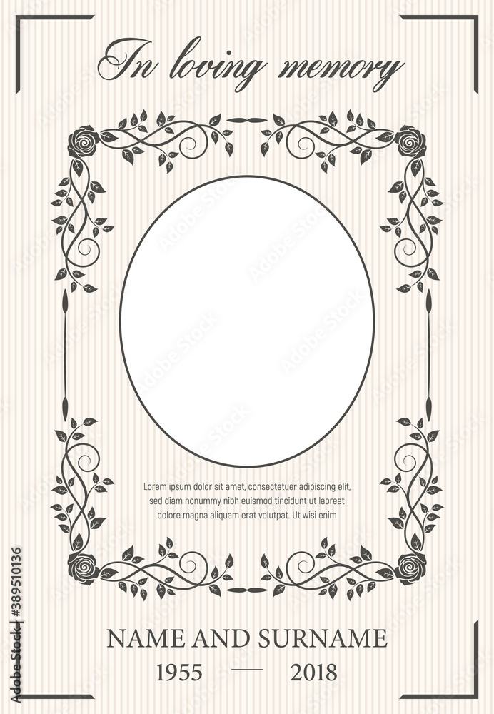 Funeral card vector template with oval frame for photo, condolence rose ...