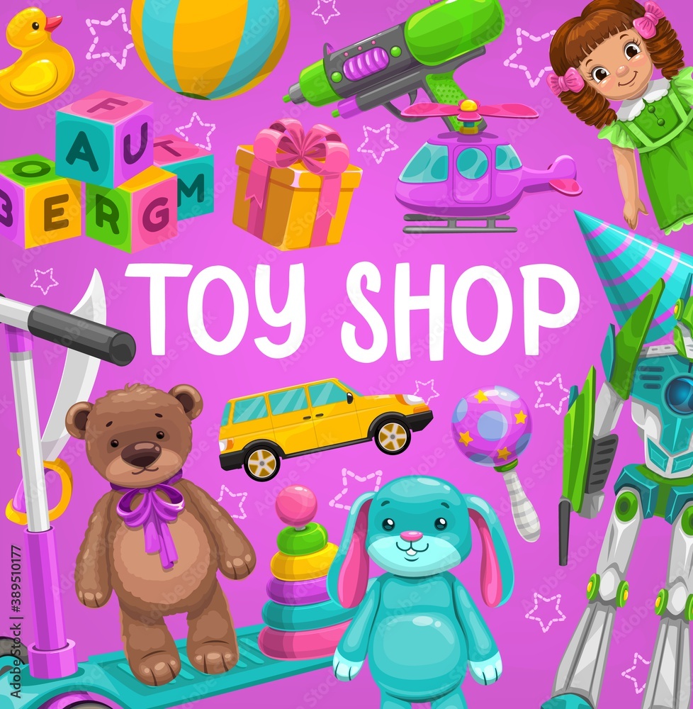 Toy shop vector rubber duck, ball and water gun with doll, cube blocks ...