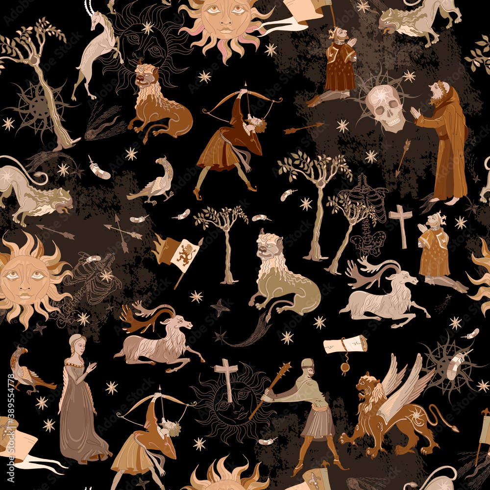 Medieval astrology seamless pattern. Mystic alchemy symbols. Esoteric ...