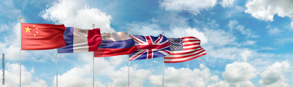 3D Illustration with national flags of the five countries which are ...