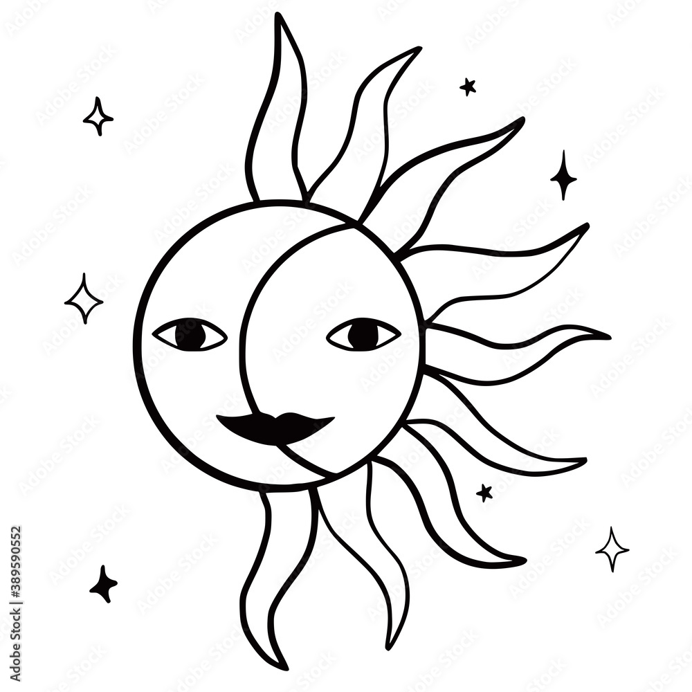 Hand drawn vector isolated sun and moon. Black outline illustration of ...
