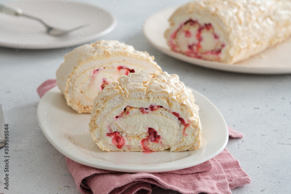 Meringue roll cake with cream, raspberries. Roulade, summer dessert ...
