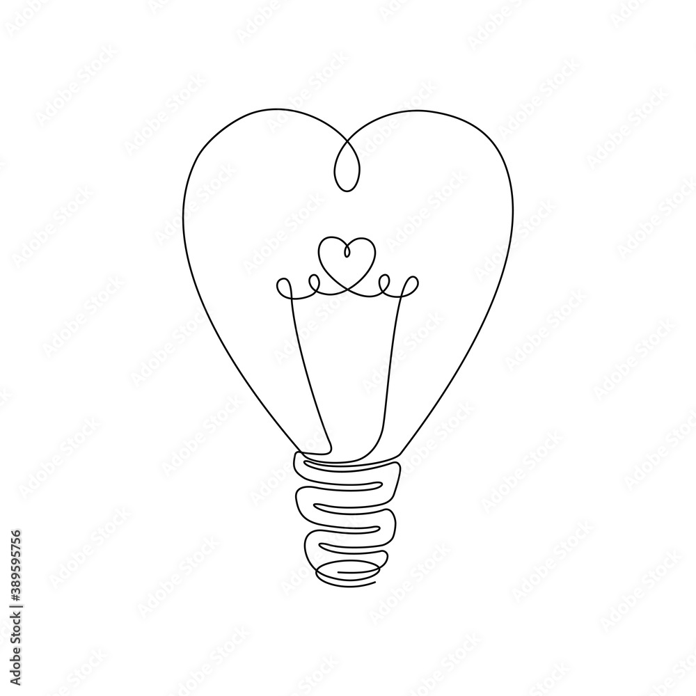 Continuous line drawing. Heart shaped light bulb. Love concept. Black ...