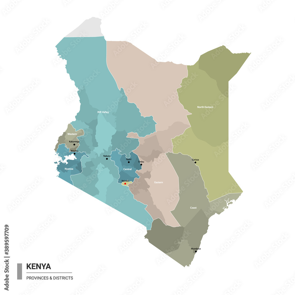 Kenya higt detailed map with subdivisions. Administrative map of Kenya ...