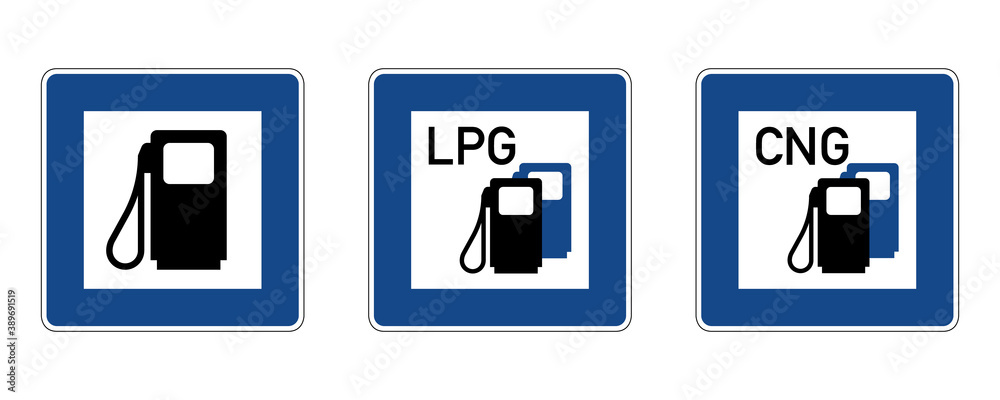 Petrol station with LPG and CNG road sign. Vector illustration with ...