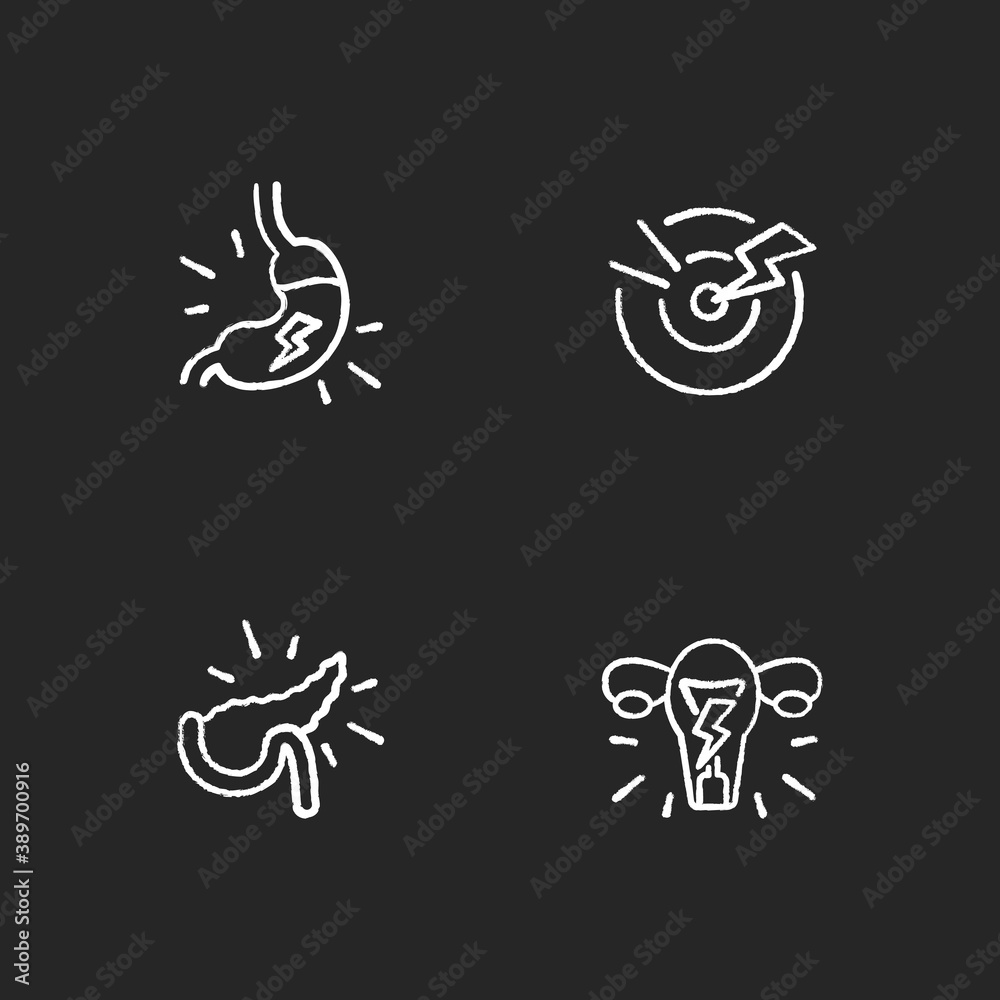 Stomachache chalk white icons set on black background. Dyspepsia. Acute ...