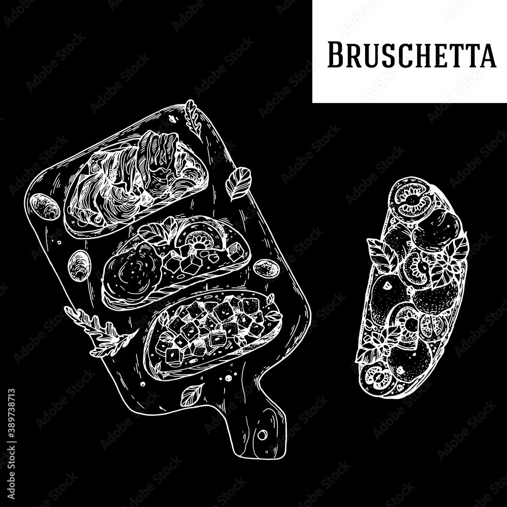 Italian bruschetta hand drawn vector illustration. Bruschetta top view ...
