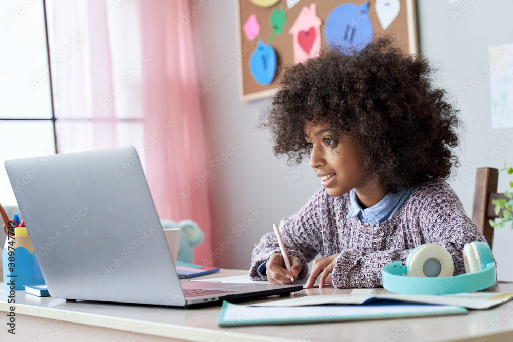 Happy smart african school kid girl virtual distance learning online ...