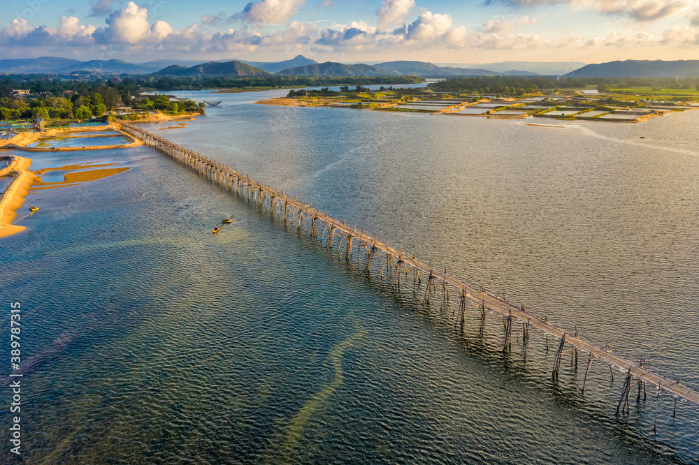 Aerial view of Ong Cop or Mr Tiger wooden bridge at Phu Yen, Vietnam ...