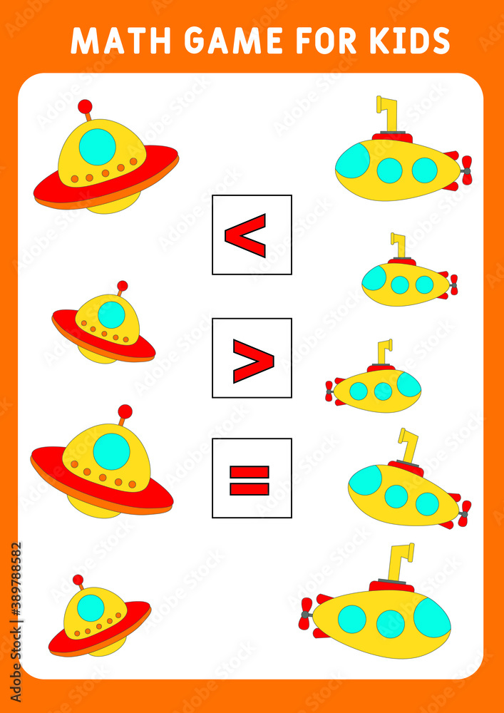 More, less or equal with cute cartoon submarines and UFOs. Math game ...