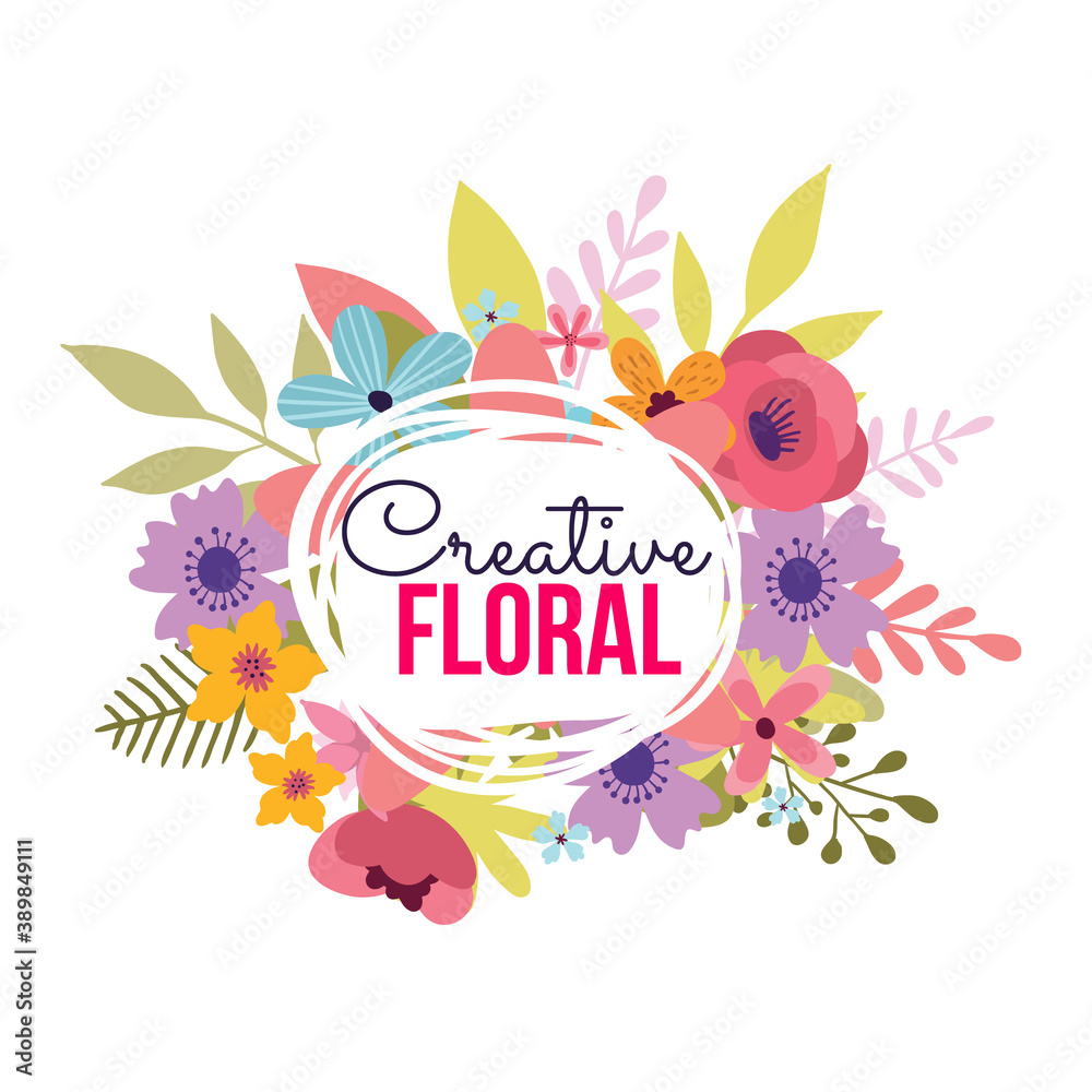 Floral template with beautiful flower around round frame with ...