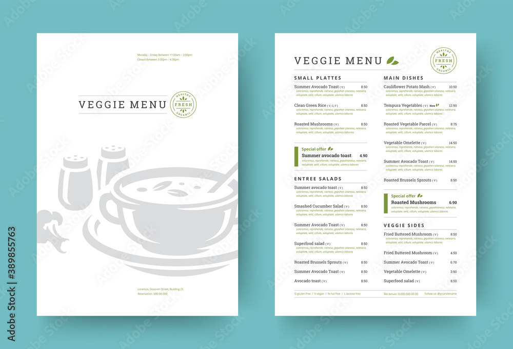 Vegetarian restaurant menu layout design brochure or food flyer ...