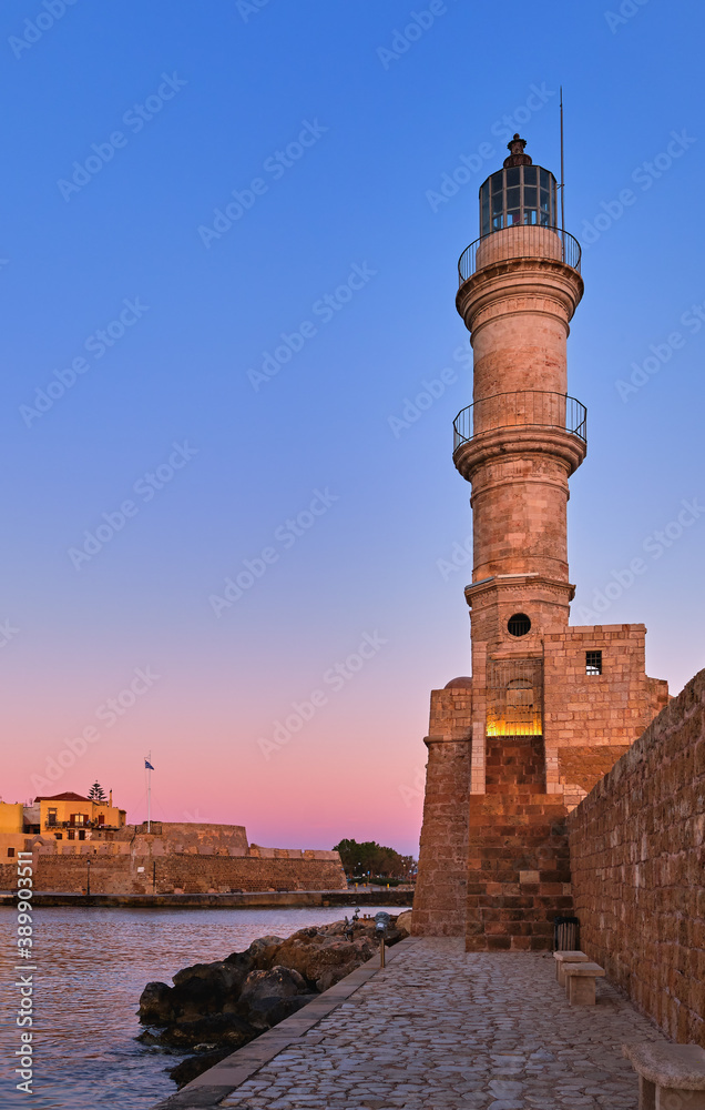 Egyptian Lighthouse of Old Venetian harbour of Chania, Crete, Greece at ...