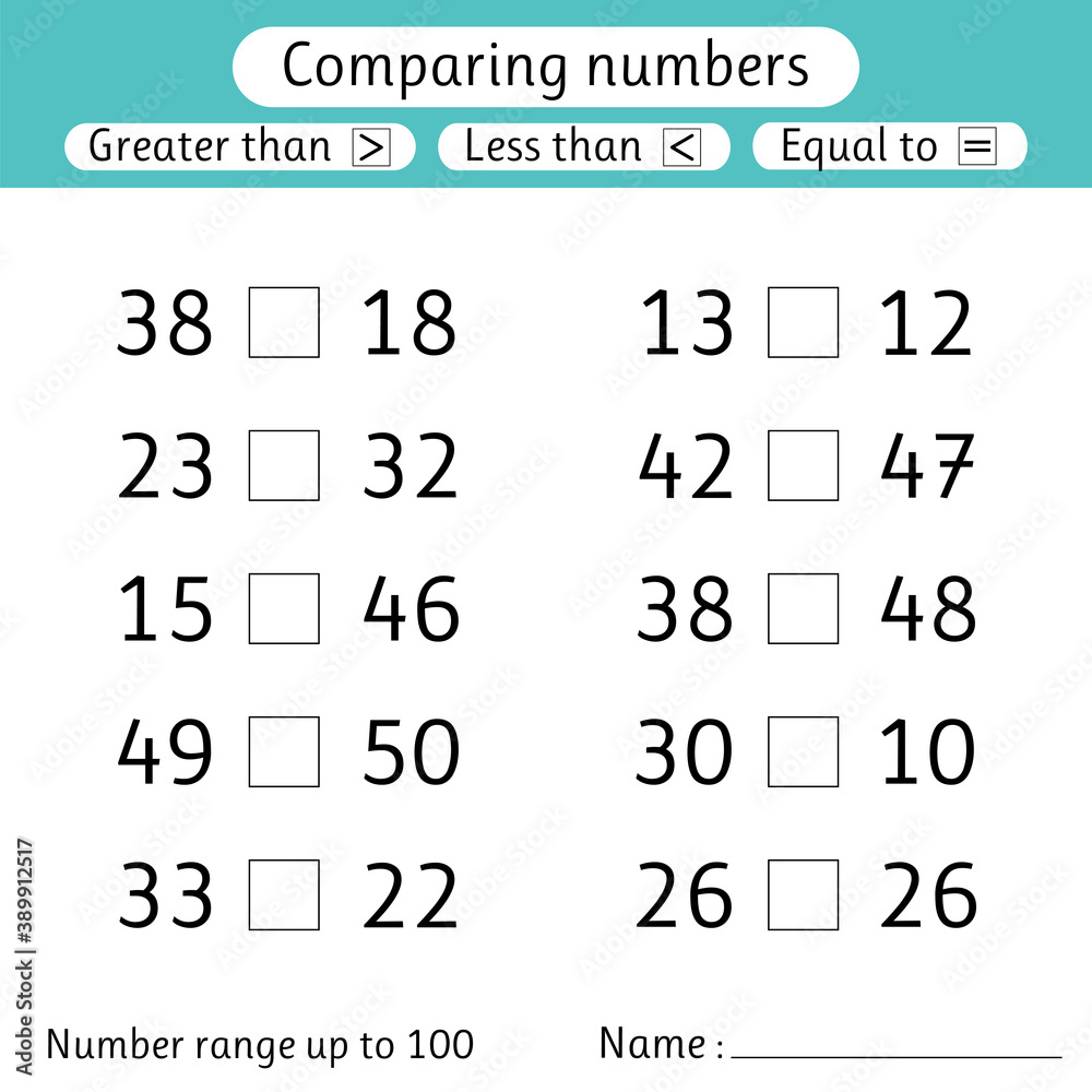Comparing numbers. Less than, greater than, equal to. Worksheet for kids. Number range up to 100 ...