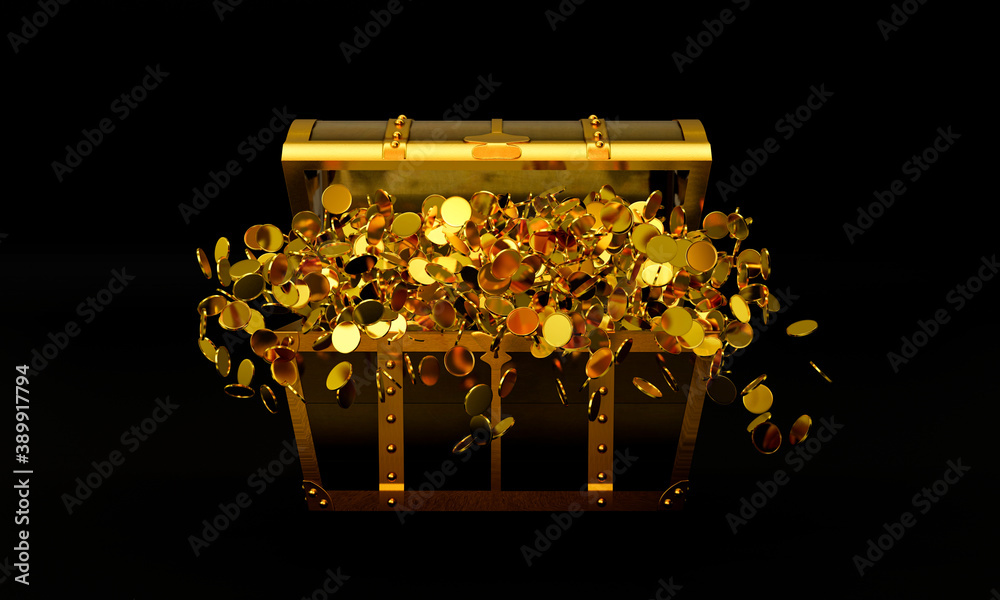 Many distribute gold coins flew from the treasure chest. A treasure ...
