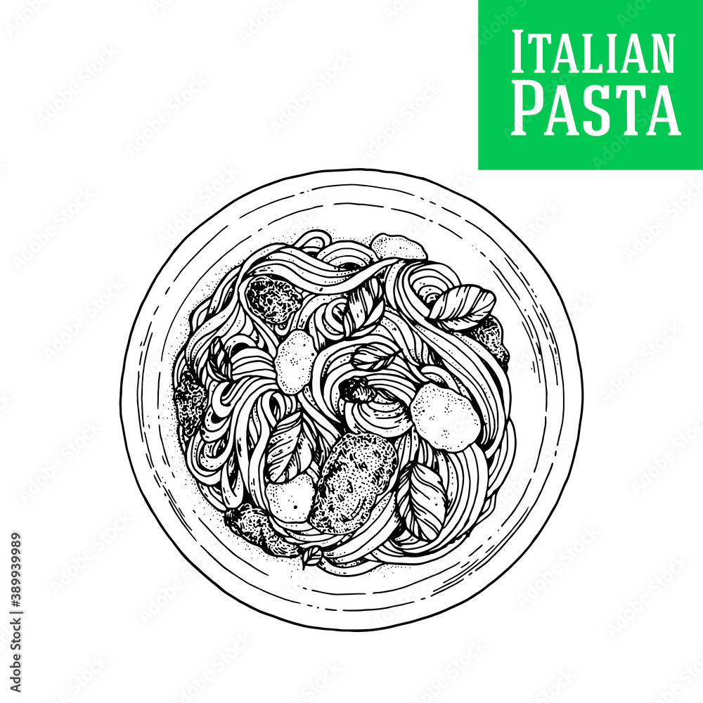 Pasta dish vector illustration. Italian cuisine. Pasta dish. Hand drawn ...