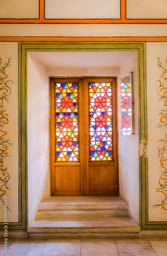 Doors with colored glass mosaic in the Khan Palace in Bakhchisarai ...