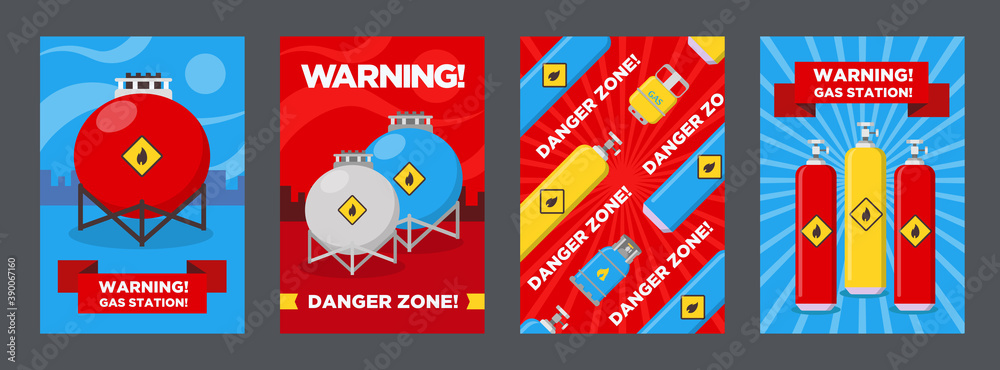 Gas station warning posters set. Tanks and cylinders with flammable ...